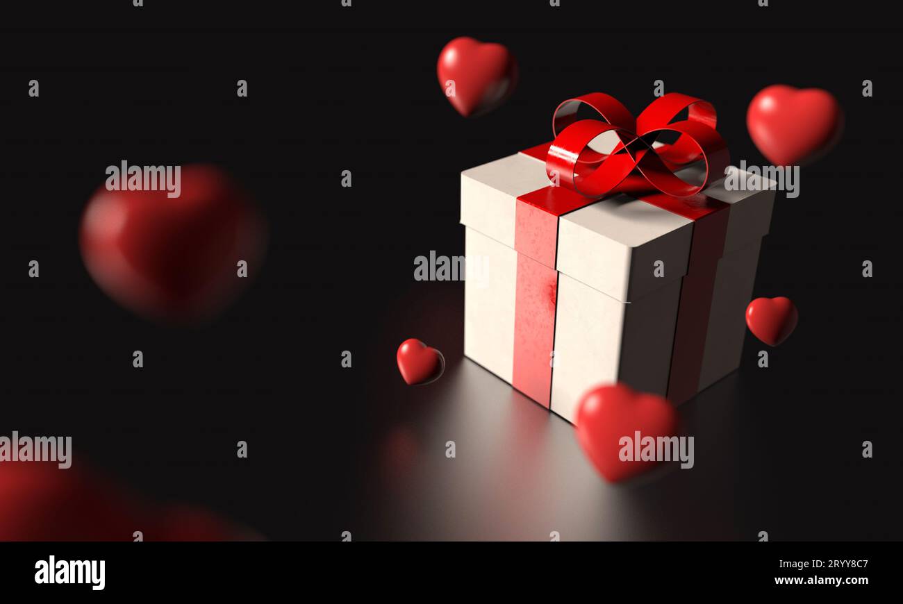White gift box with red ribbon and many rainy heart dropping from sky ...