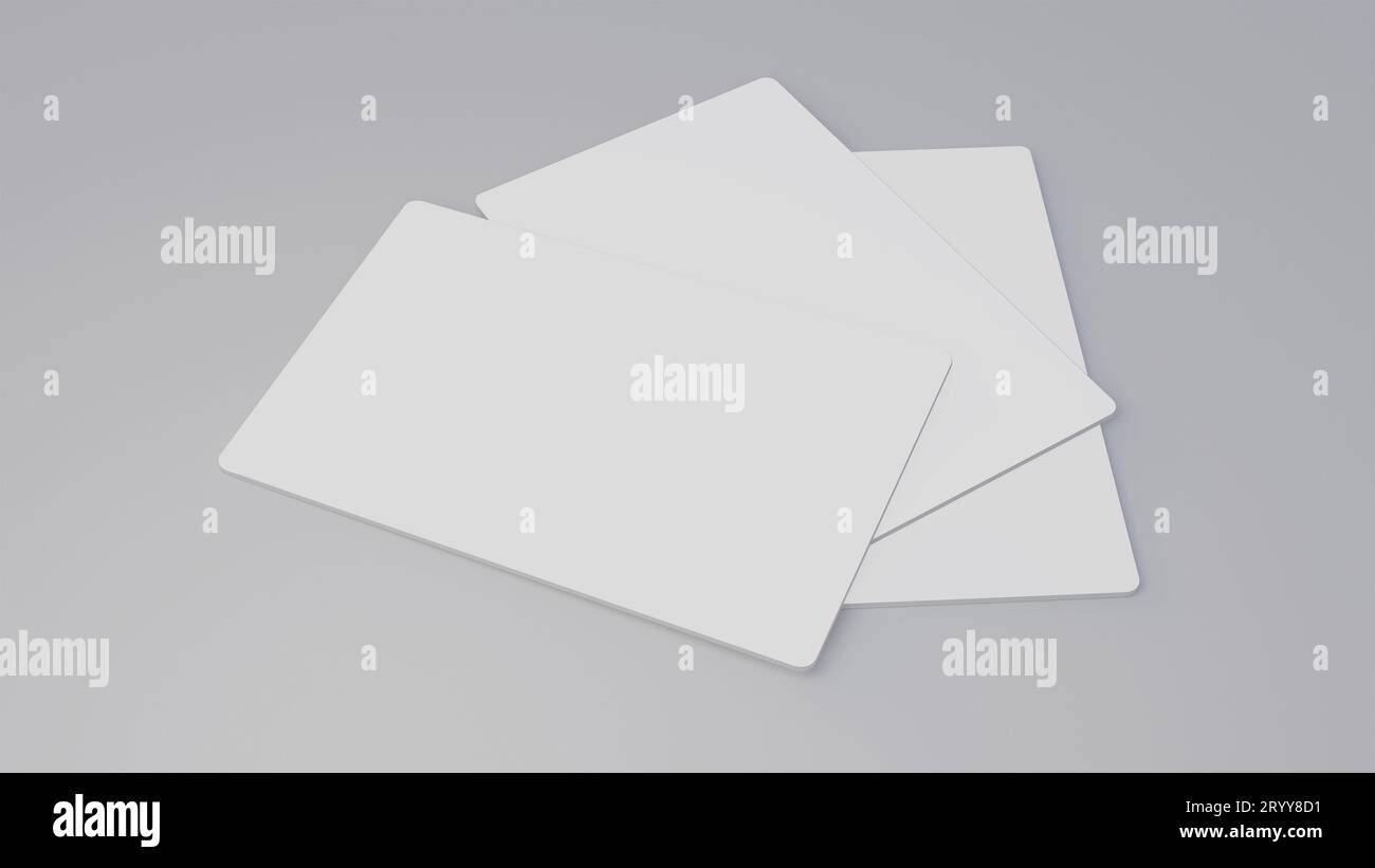 White gift card credit card mockup stacking on grey table background ...