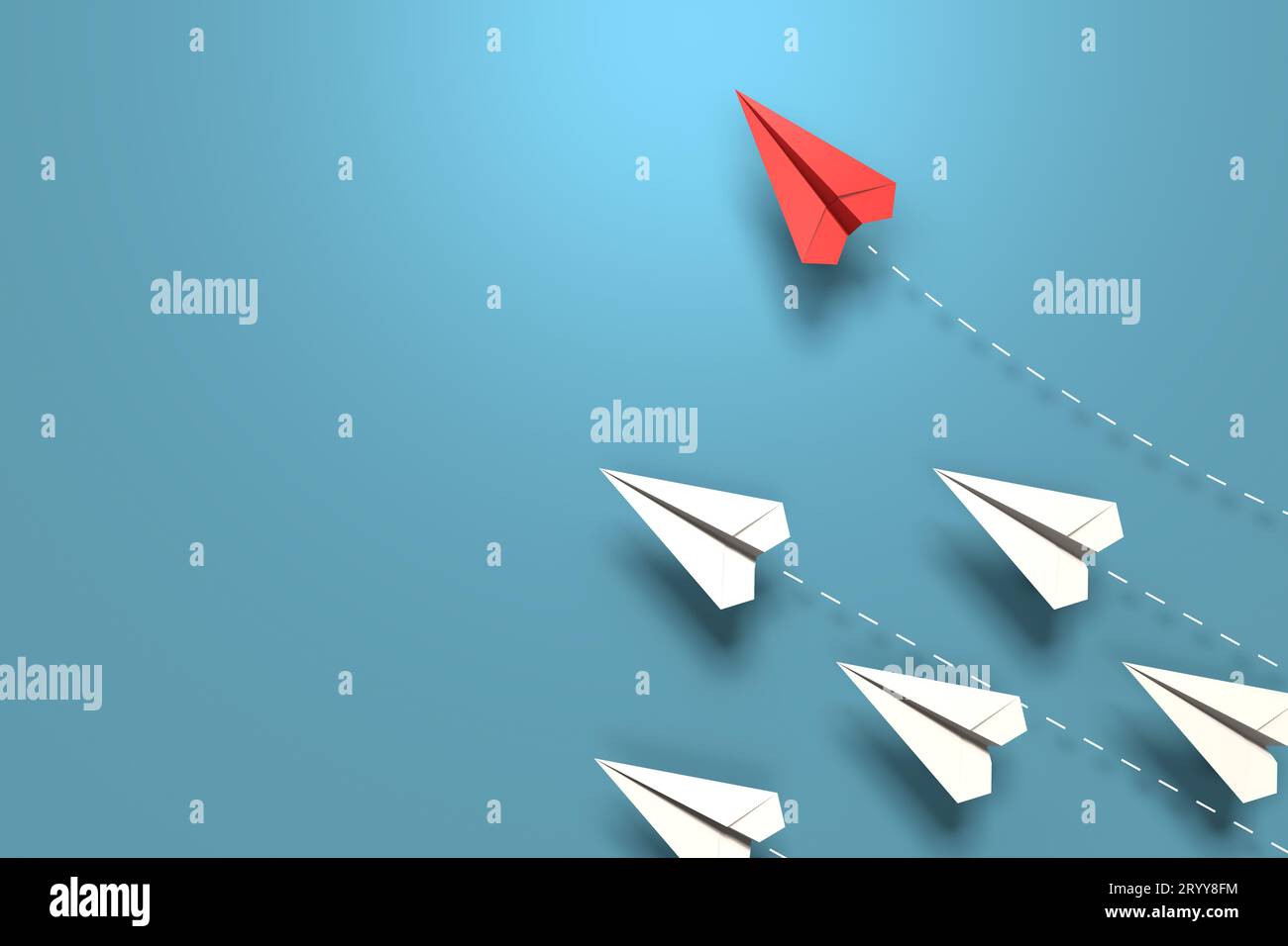 Red paper origami plane have individual direction from unique white ...