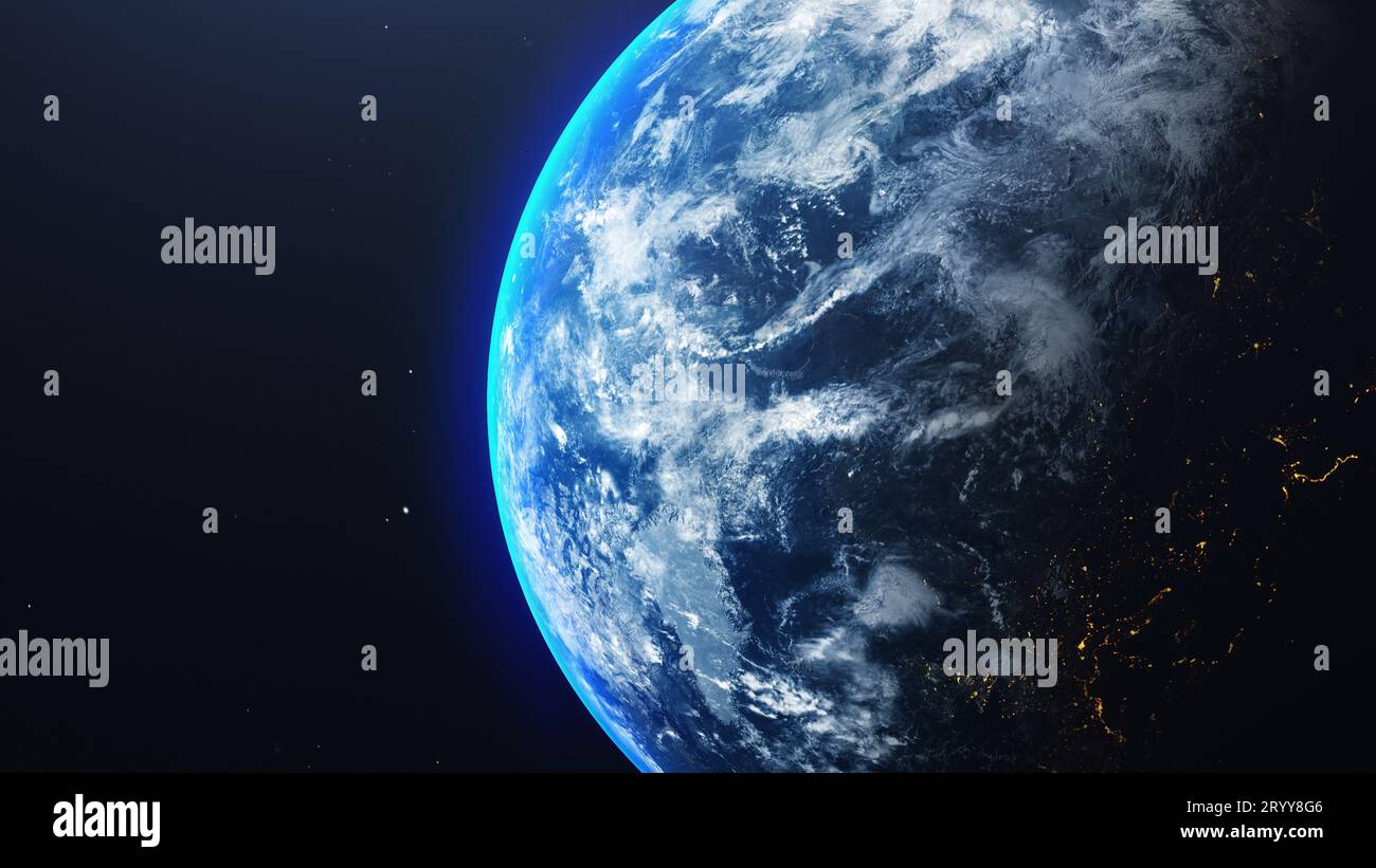 Earth in space view with shining sunrise in universe and galaxy ...