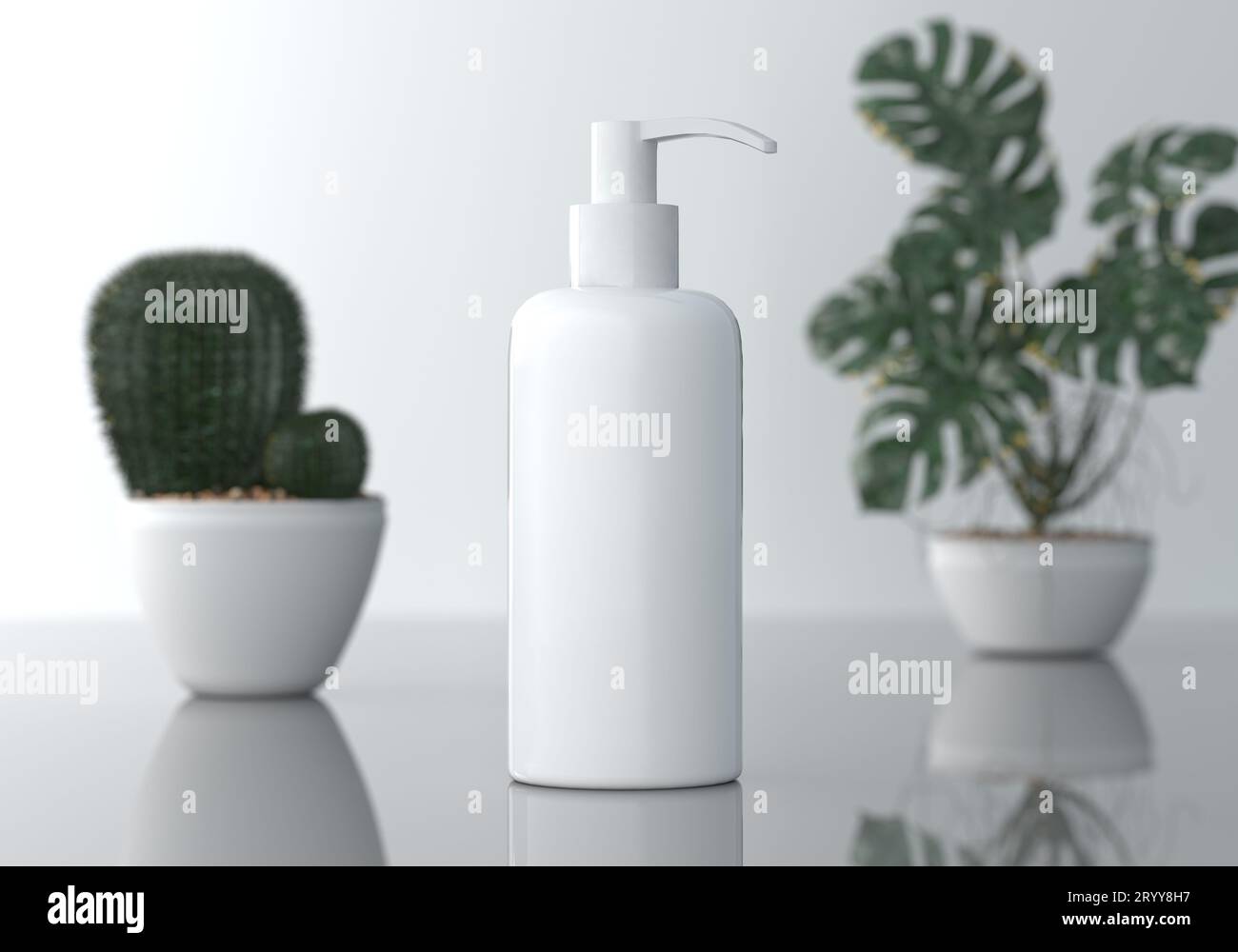 White hand press pump bottle with Cactus and Monstera plant in pots on ...