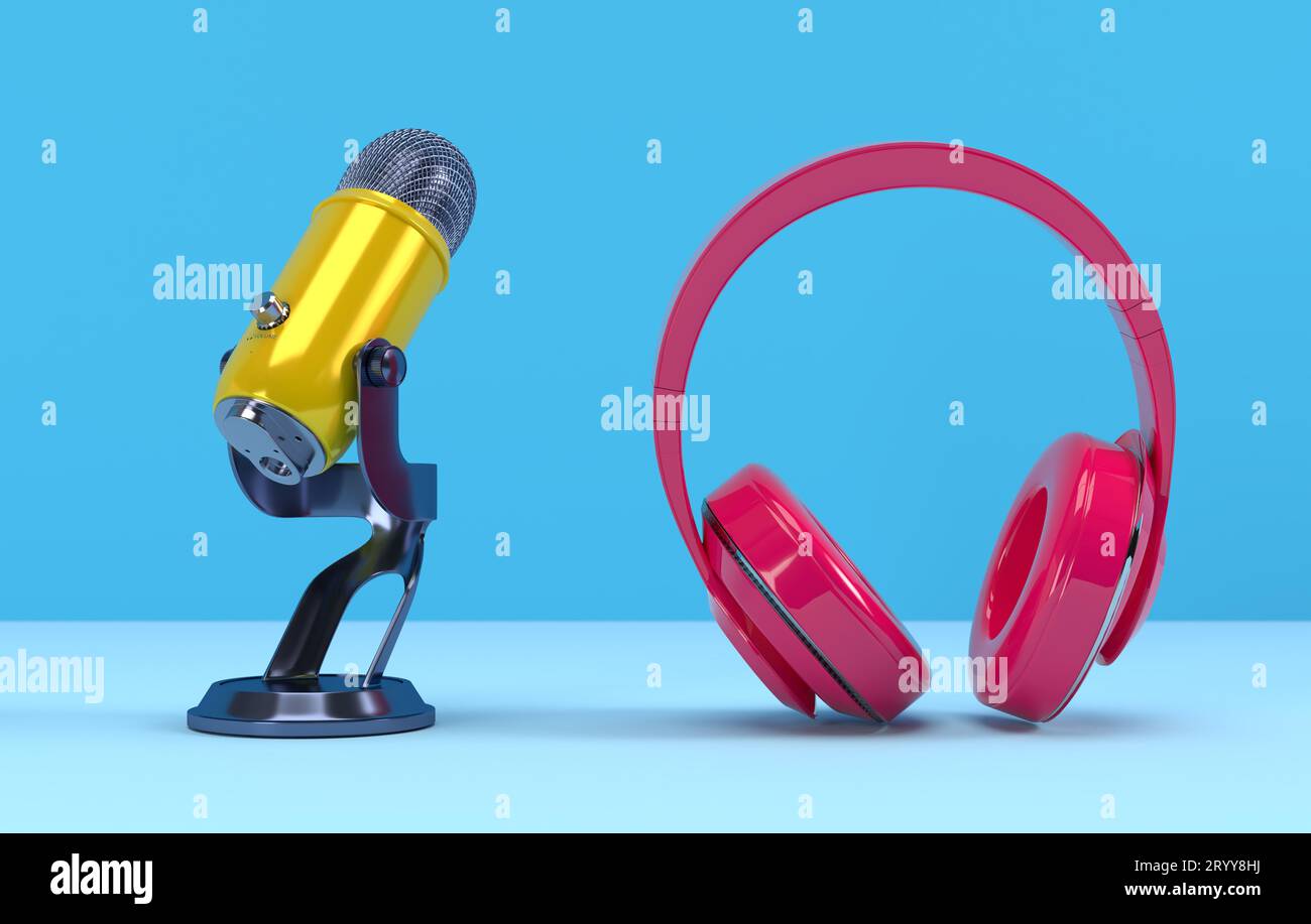 Yellow PODCAST Microphone and pink headphone on blue background ...