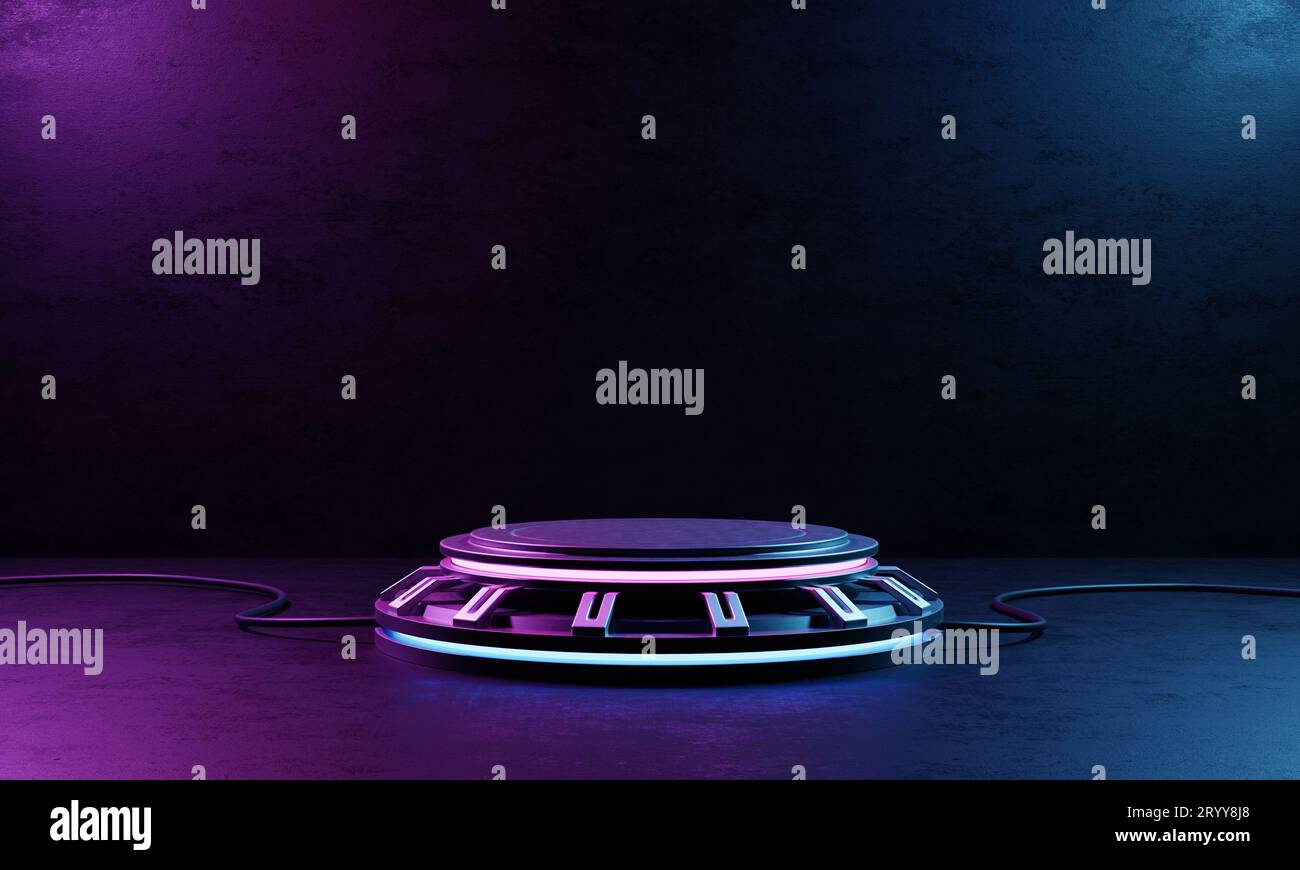 Cyberpunk product podium platform studio with blue and violet spotlight ...