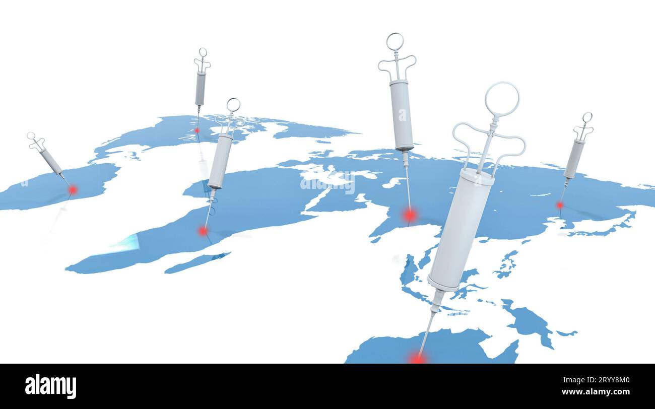 White vaccine syringe injection on blue worldwide international map as ...
