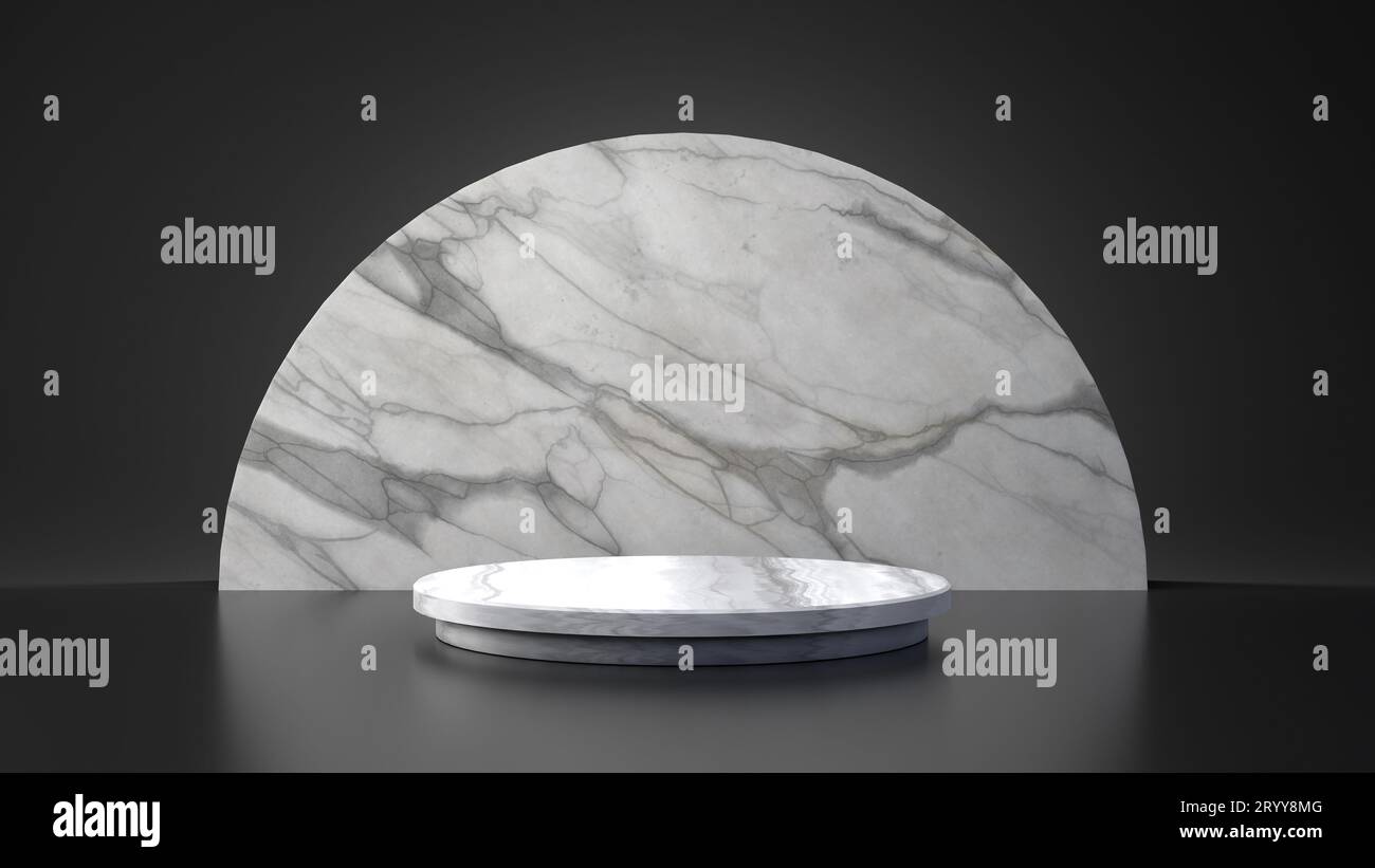 White marble product half moon circle stand on black background ...