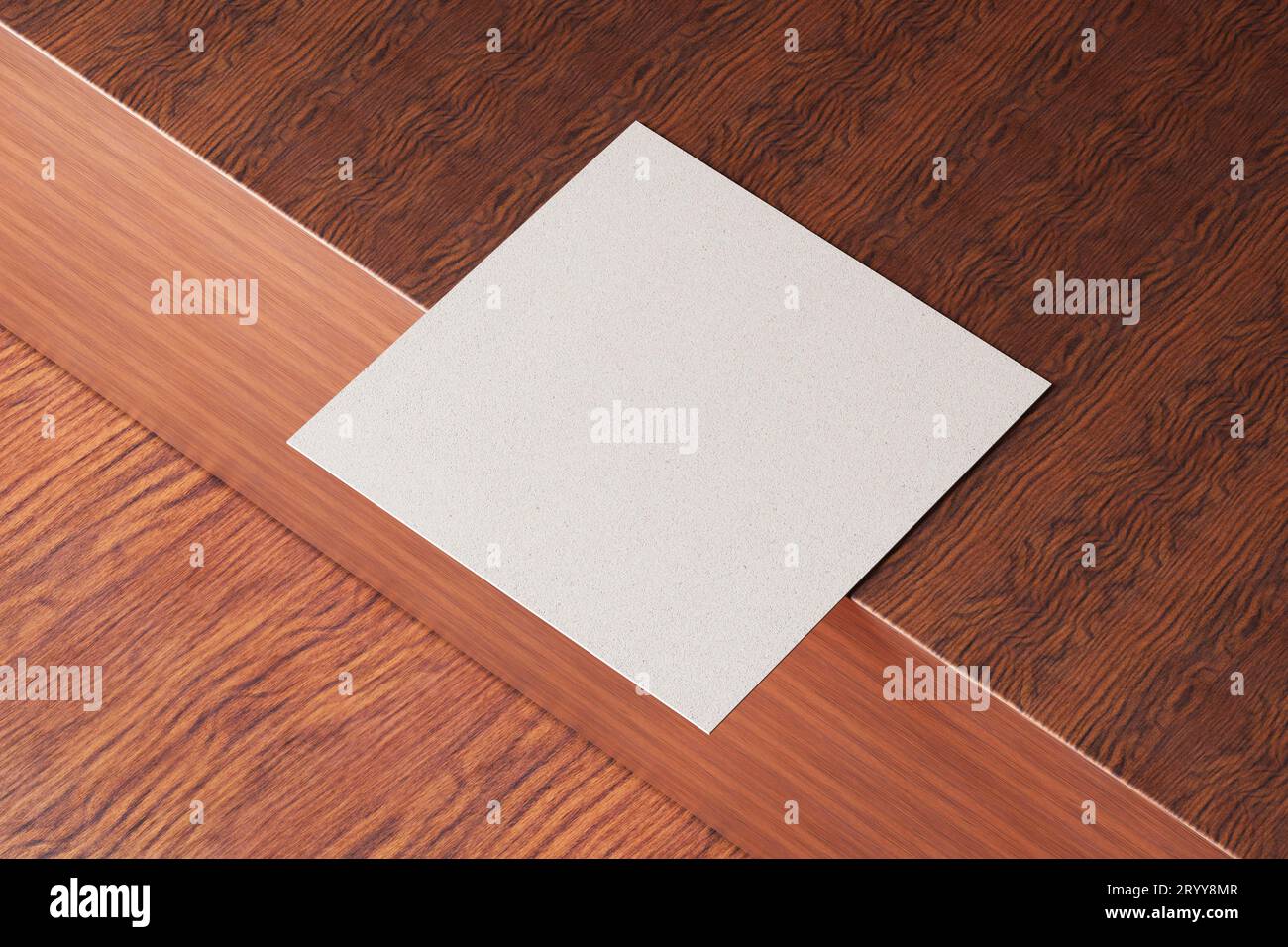 White square shape paper business card mockup on wooden brown table ...
