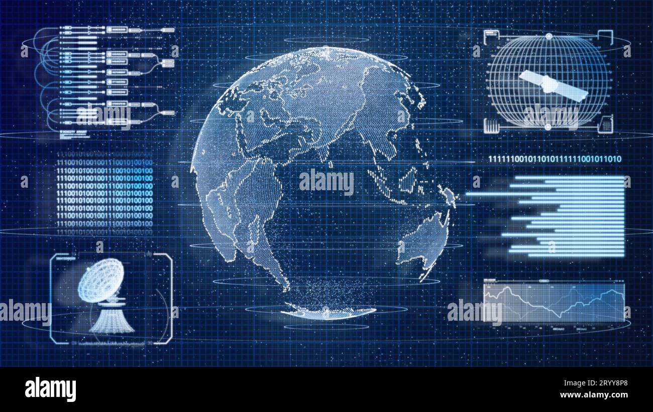 Blue digital HUD Earth world information scanning hologram user ...