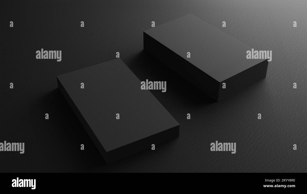 Black business card mockup with gold emboss text stacking on cardboard ...