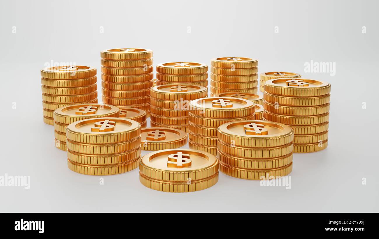 Pile of stacking gold coin money tower on isolated white background ...