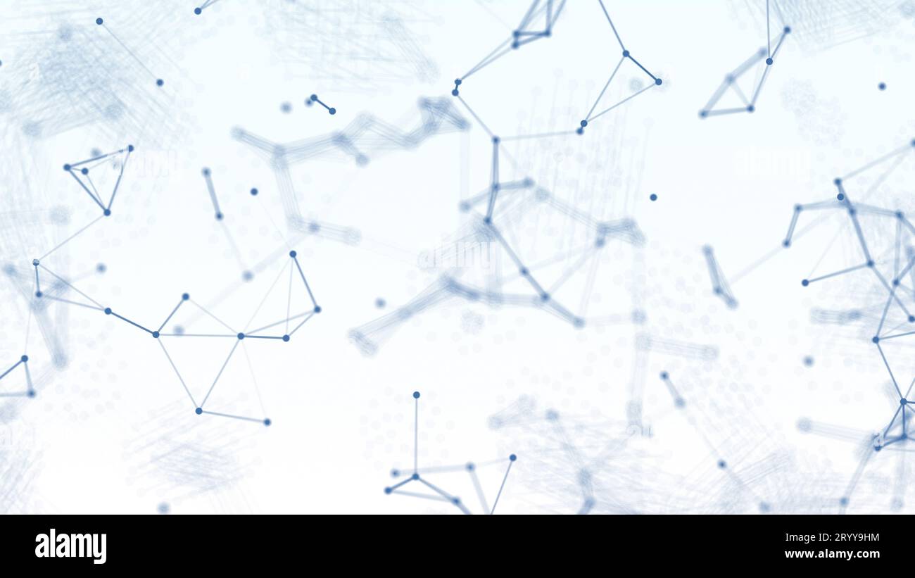 3D Abstract blue blurred geometry wireframe network and connecting dot in space on white ...
