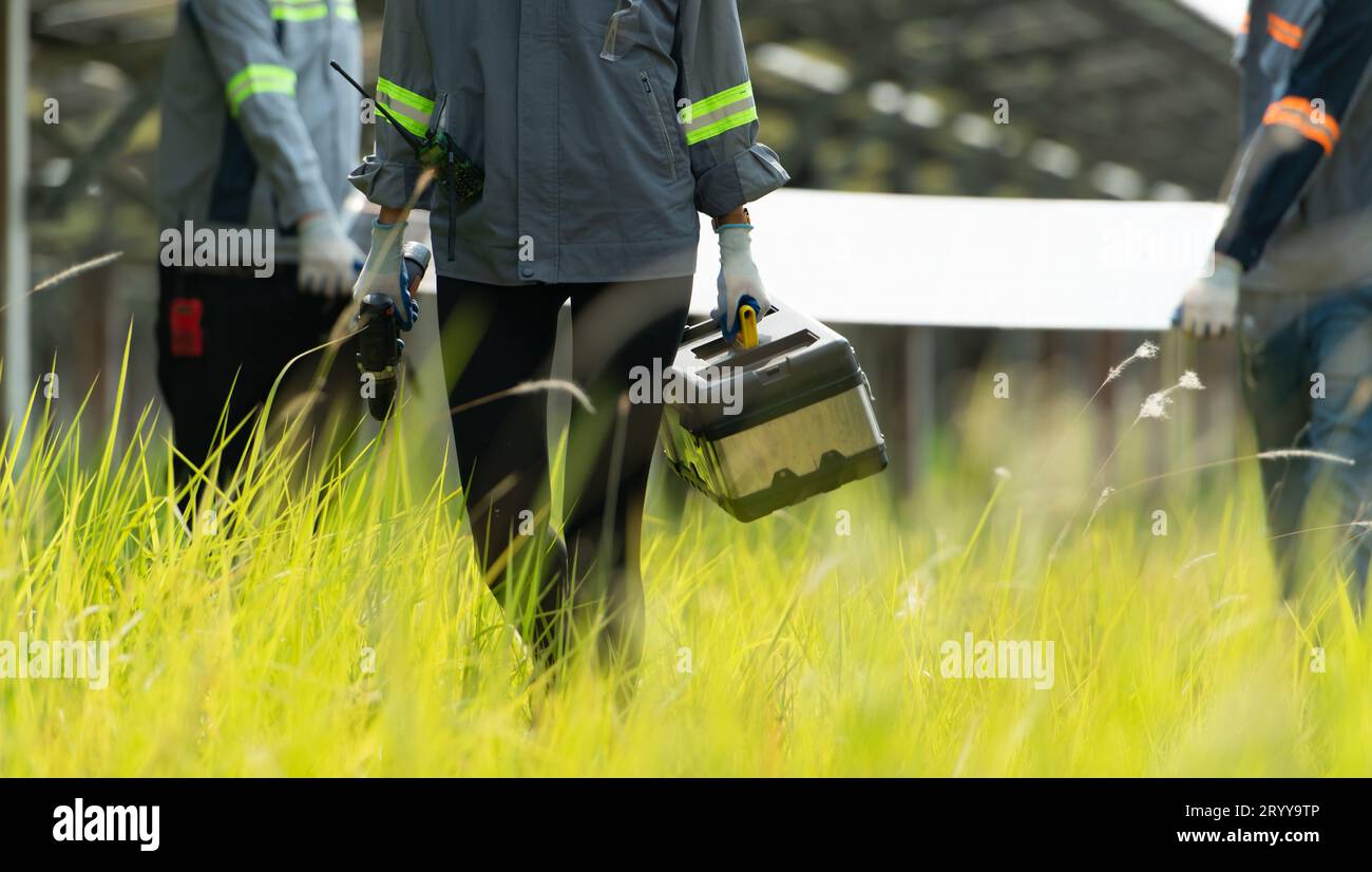 Engineering and technicians unloading repaired solar panels to be ...