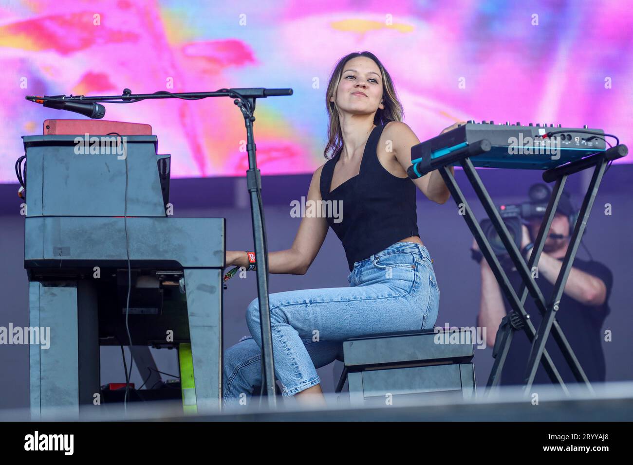 Jackie Miclau from the band Mt. Joy performs on day two of Sound on Sound Music Festival on ...
