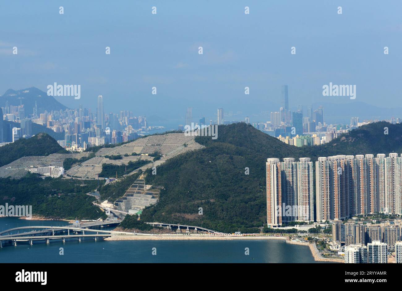 A view of Junk Bay with the Cross bay bridge, the Junk bay Chinese ...