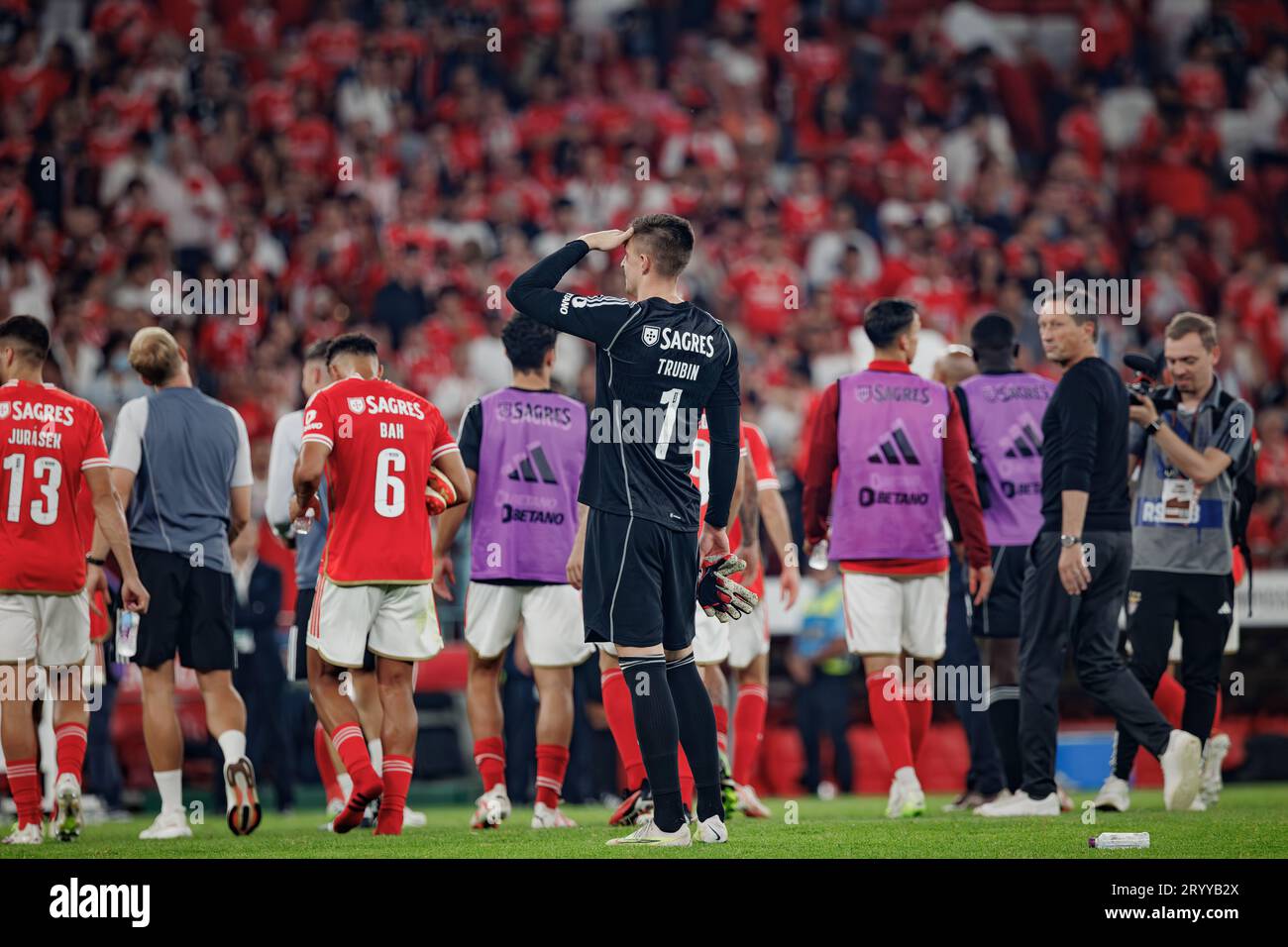Players of Benfica celebrate after winning a game during Liga Portugal ...