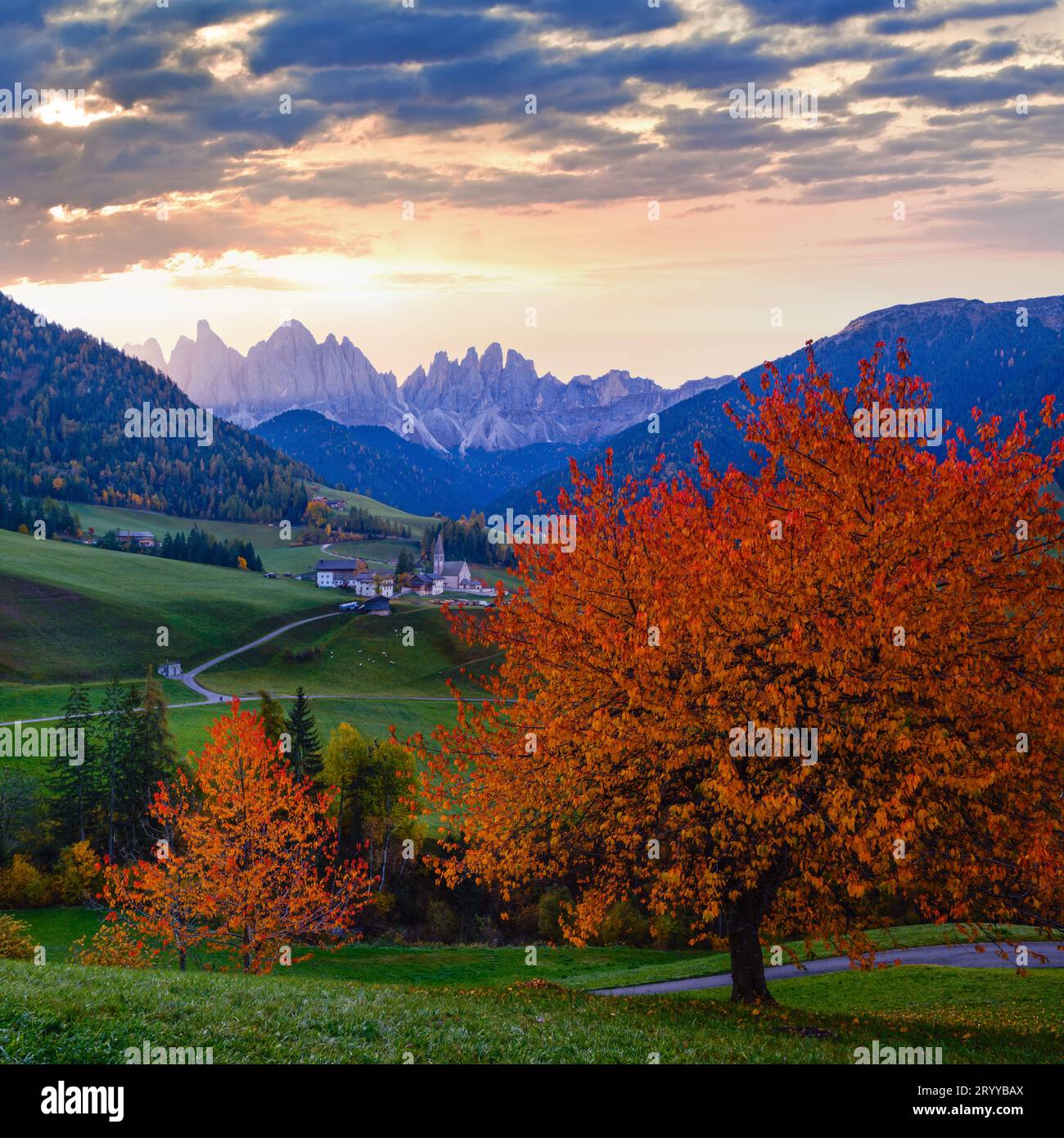 Autumn daybreak Santa Magdalena famous Italy Dolomites village view in ...