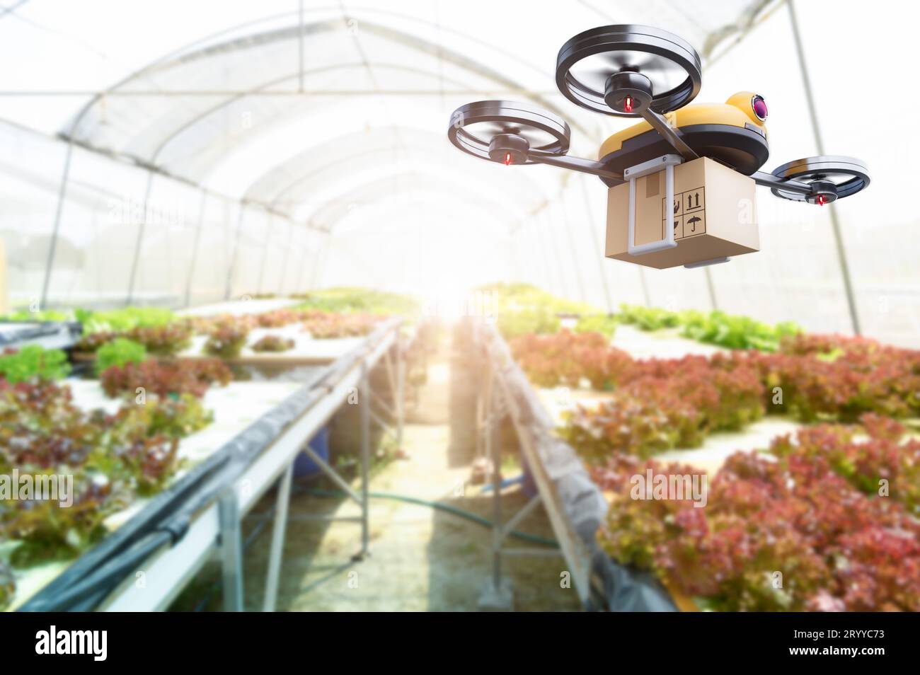 Hydroponics vegetables farming drone at indoors modern farm background ...