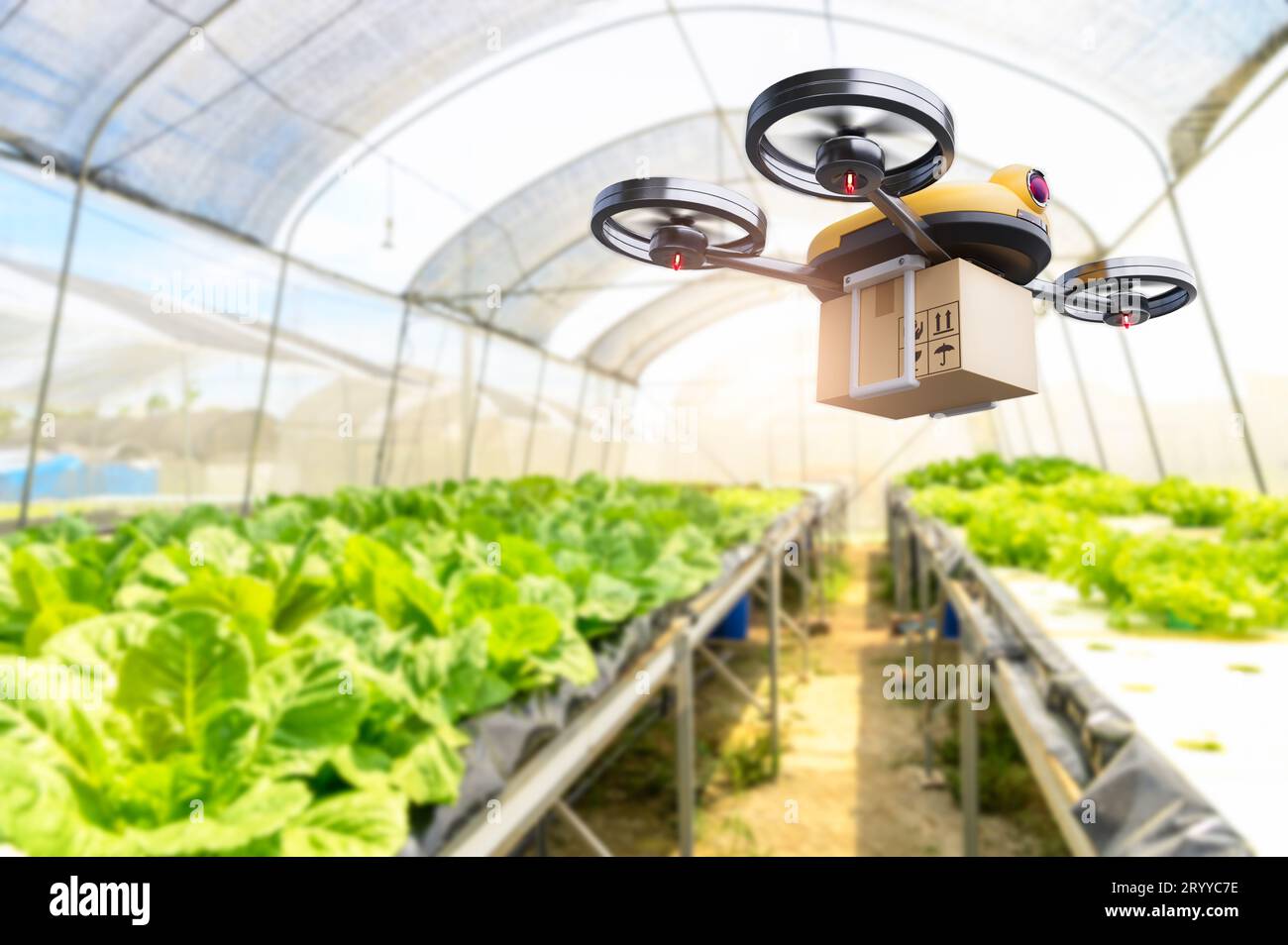 Hydroponics vegetables farming drone at indoors modern farm background ...