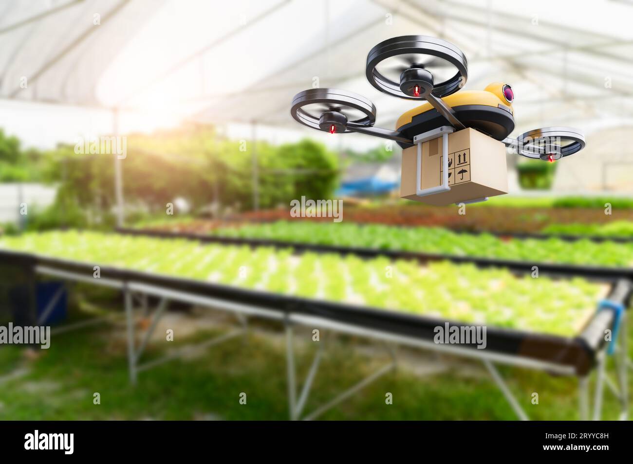 Hydroponics vegetables farming drone at indoors modern farm background ...