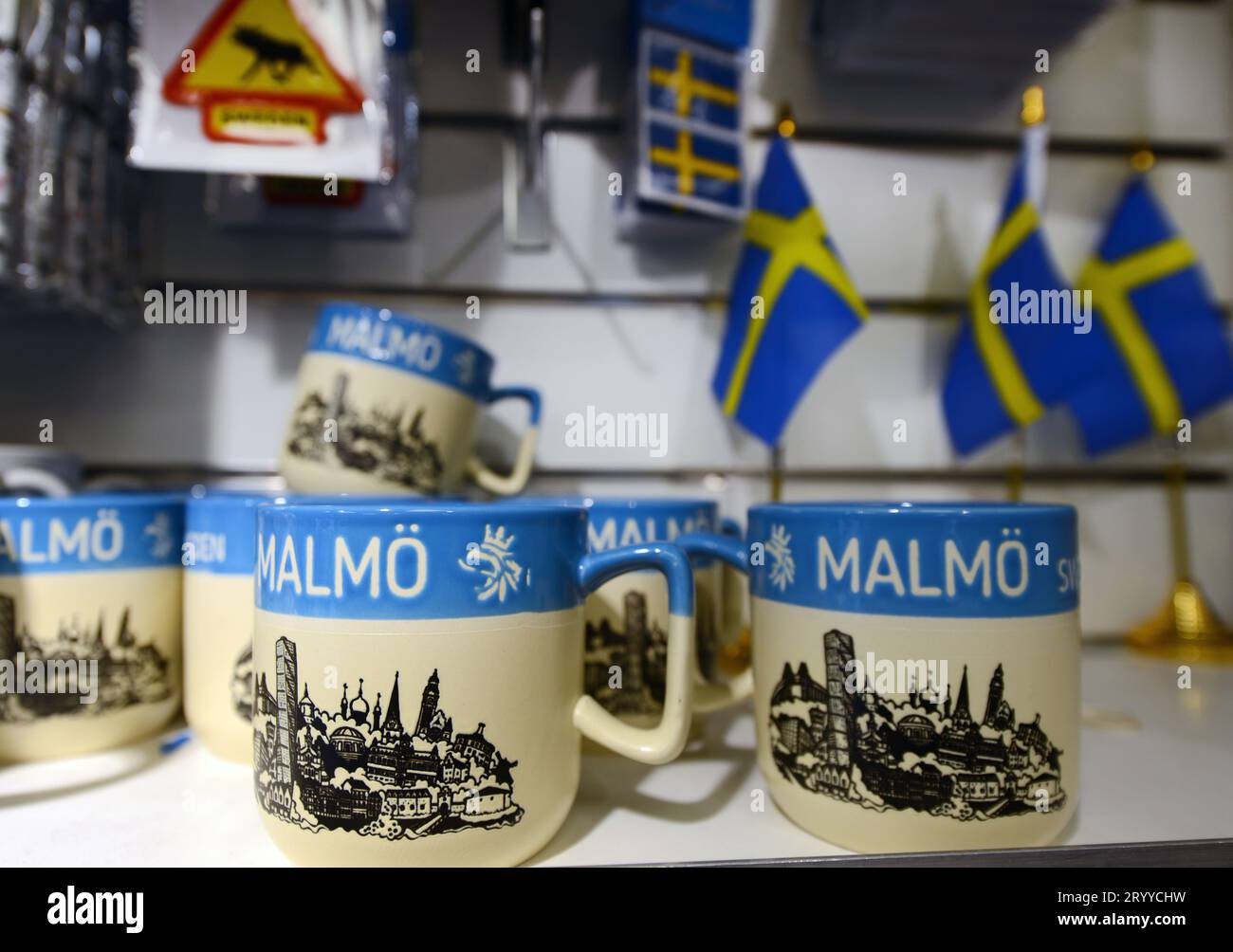 Malmö mugs and Swedish flags displayed in a souvenir shop in Malmö ...