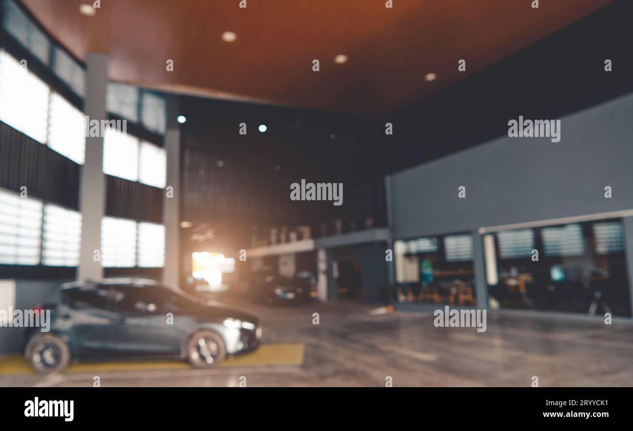 Blurred background of car showroom garage. Automotive car and business ...
