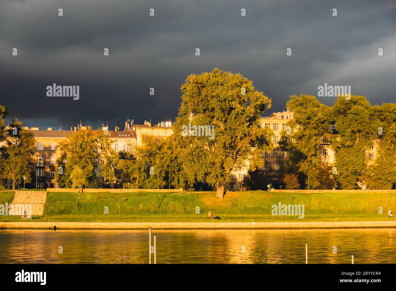 Heavy rain and rainbow above the Vistula river in Krakow Poland ...