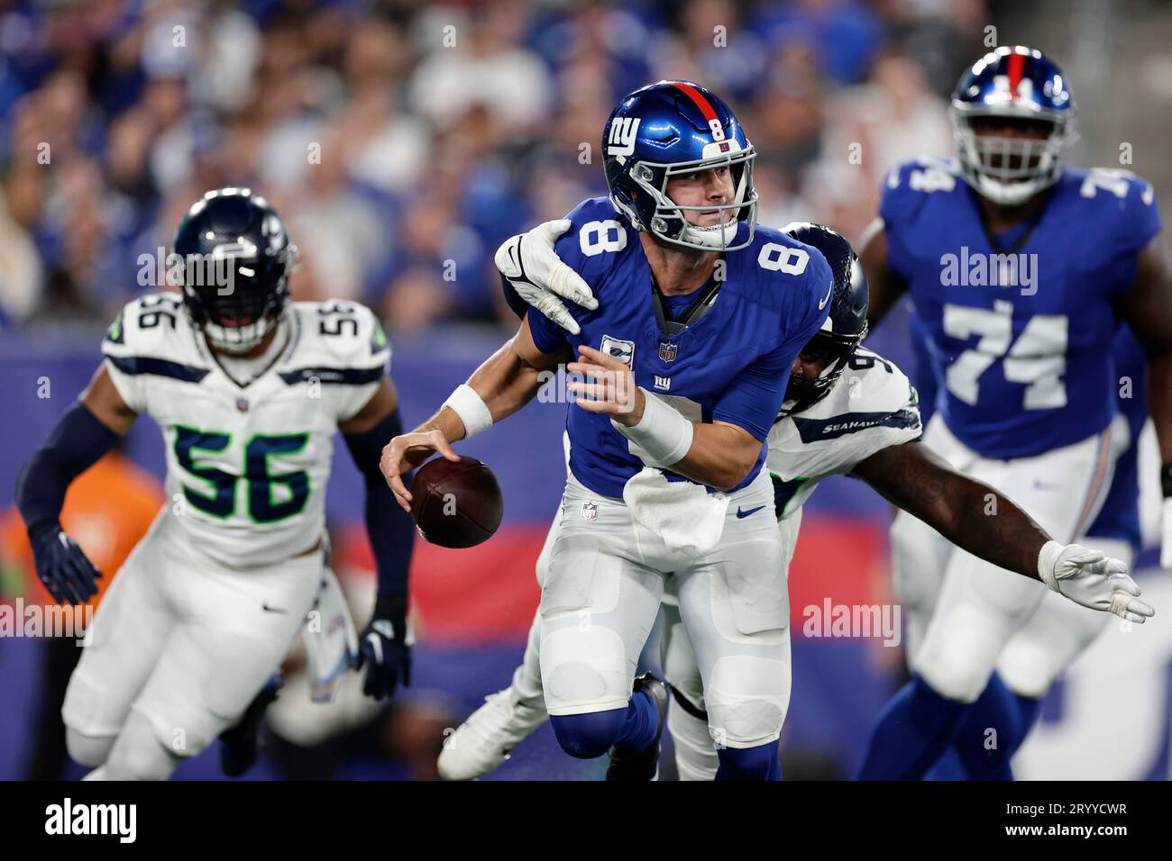 Seattle Seahawks linebacker Jordyn Brooks (56) forces a fumble against ...