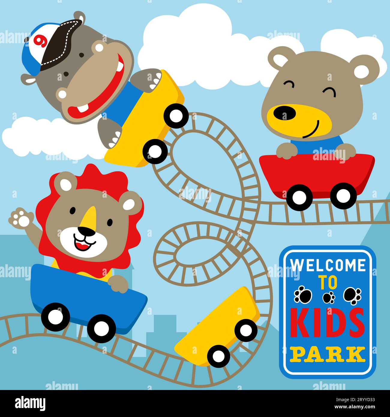 Funny animals on roller coaster, vector cartoon illustration Stock ...