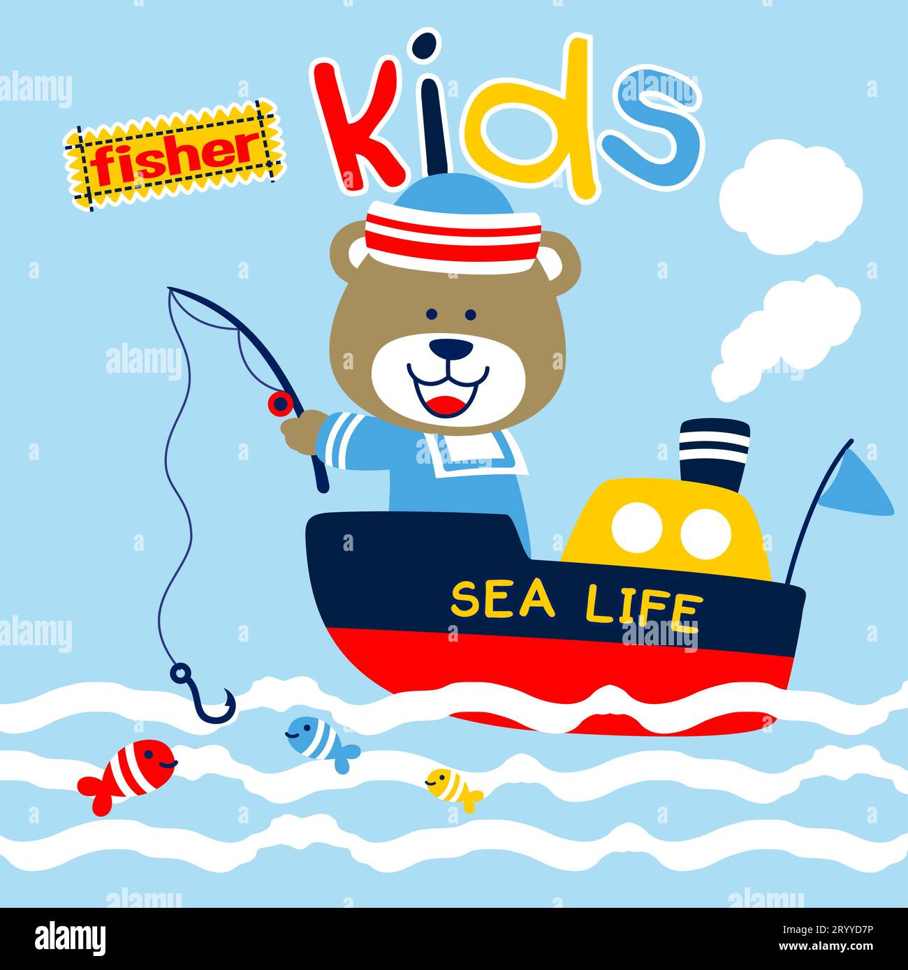 Cute bear in sailor costume fishing on boat, vector cartoon ...