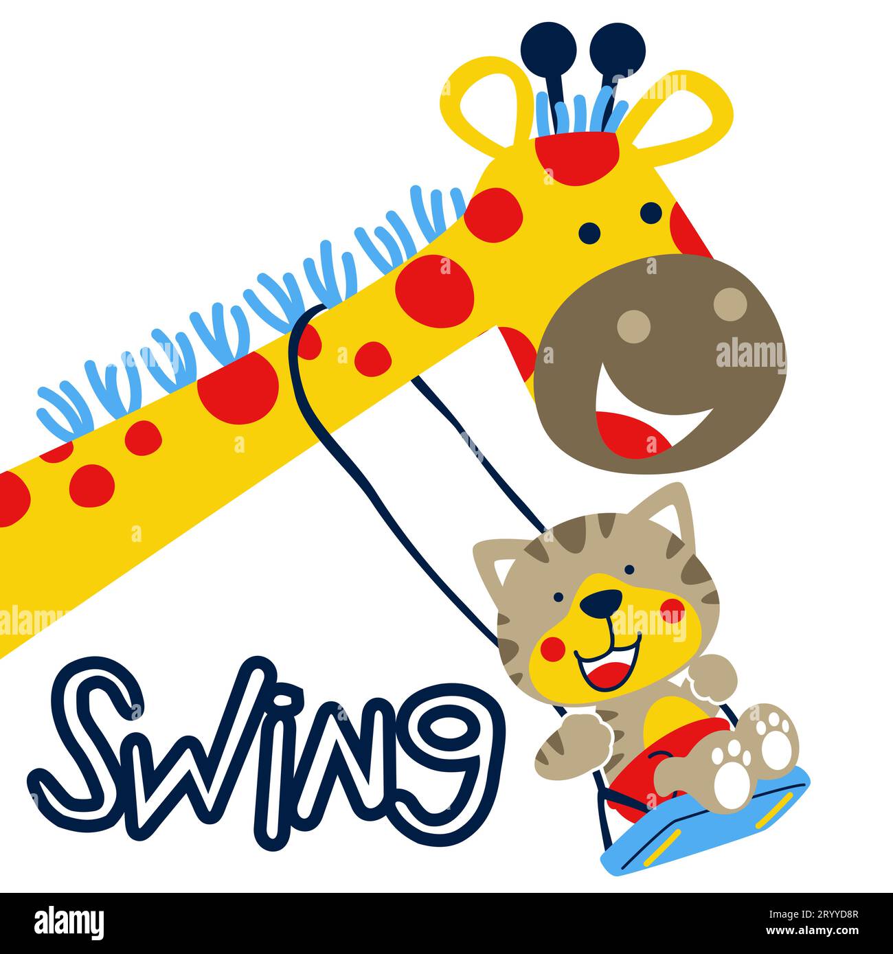Cute cat playing swing in giraffe's neck, vector cartoon illustration ...