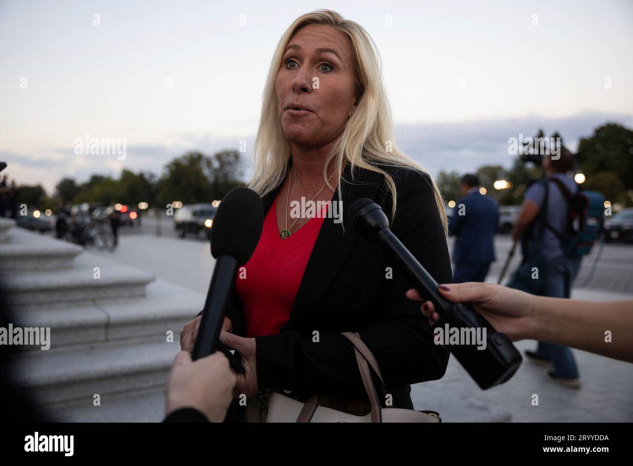 Rep. Marjorie Taylor Greene (R-Ga.) speaks with reporters outside the U ...