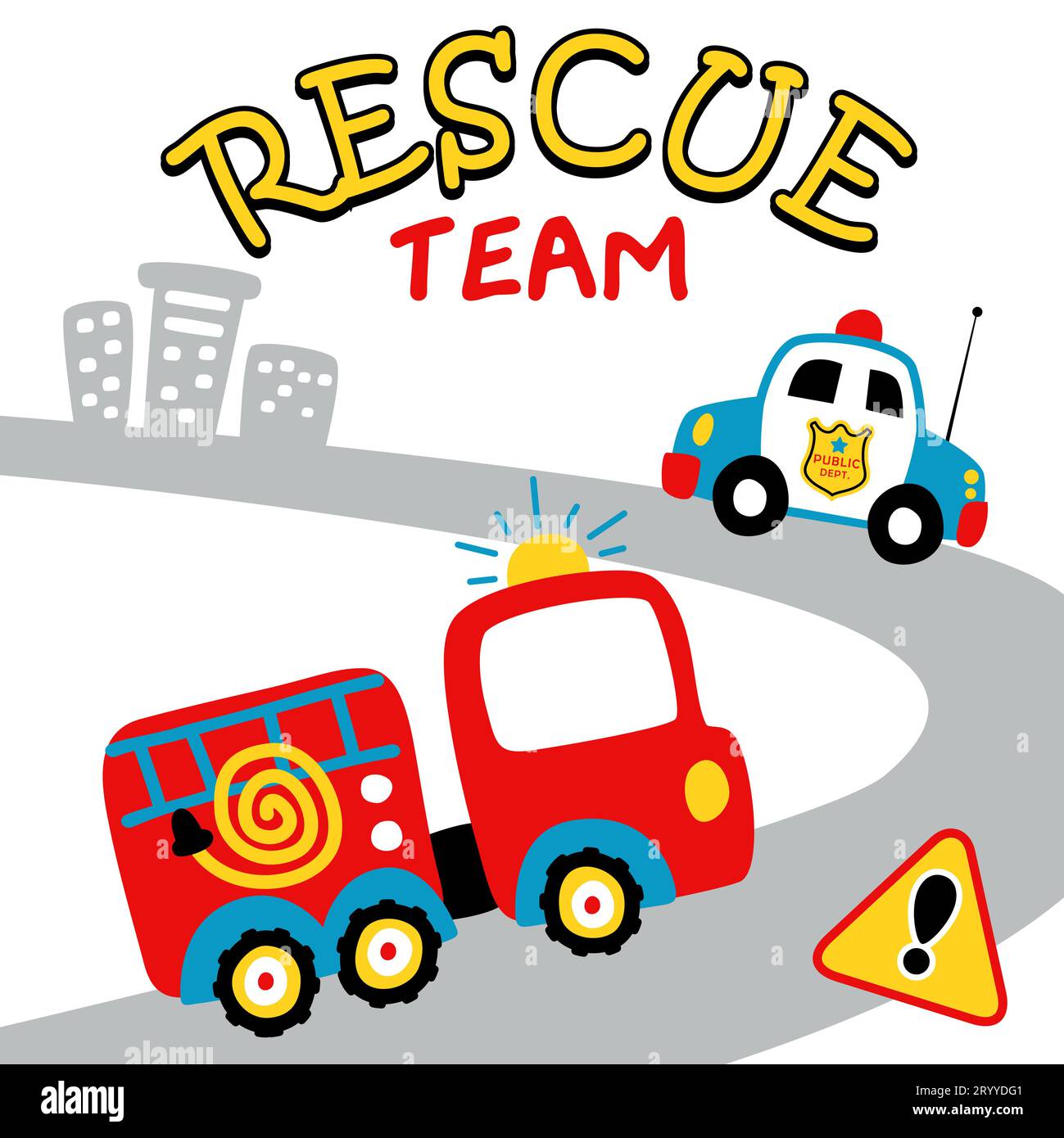 Vector cartoon of fire truck and police car on city road with road sign ...
