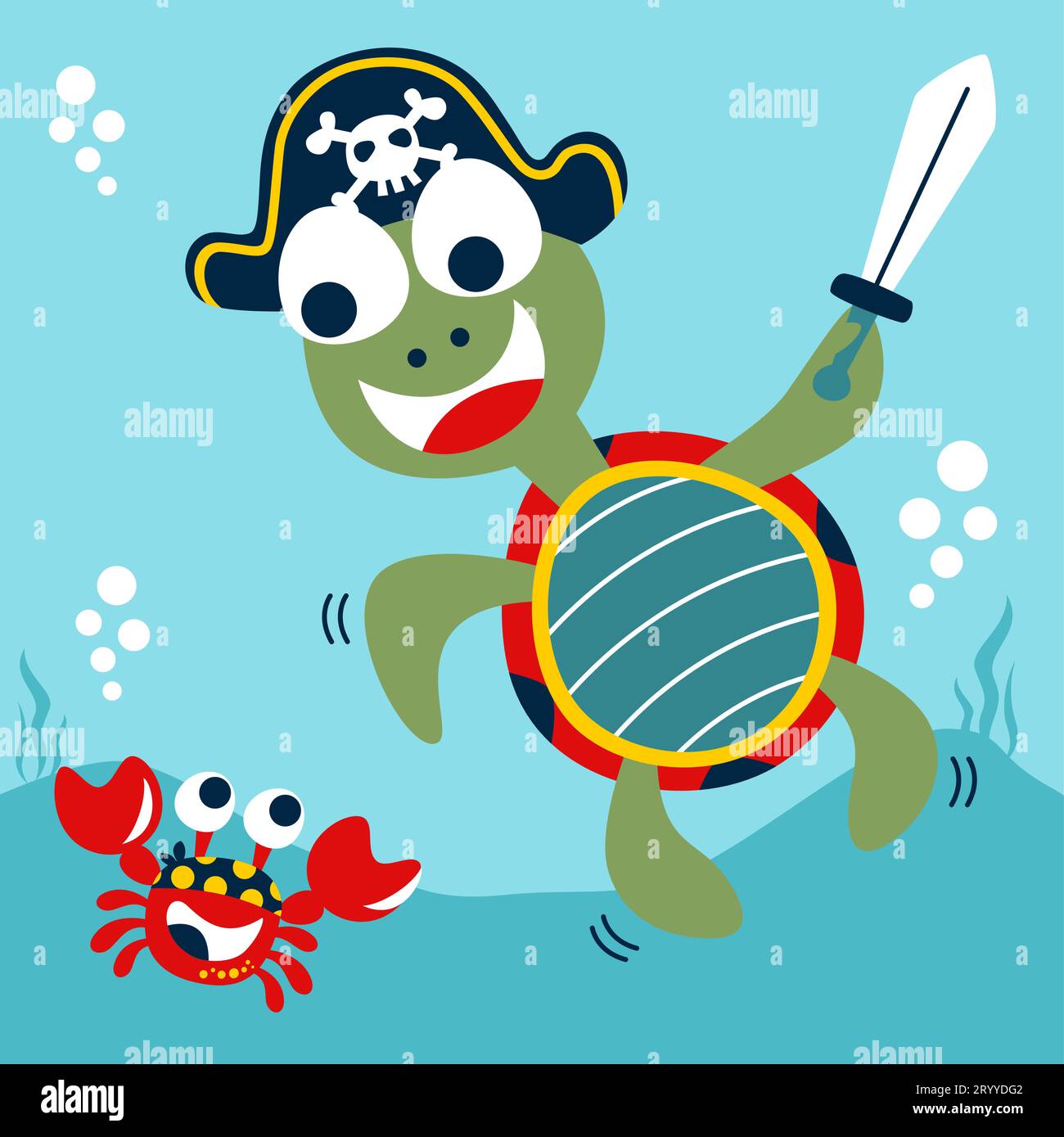 Funny turtle in pirate cap holding sword with crab undersea, vector ...