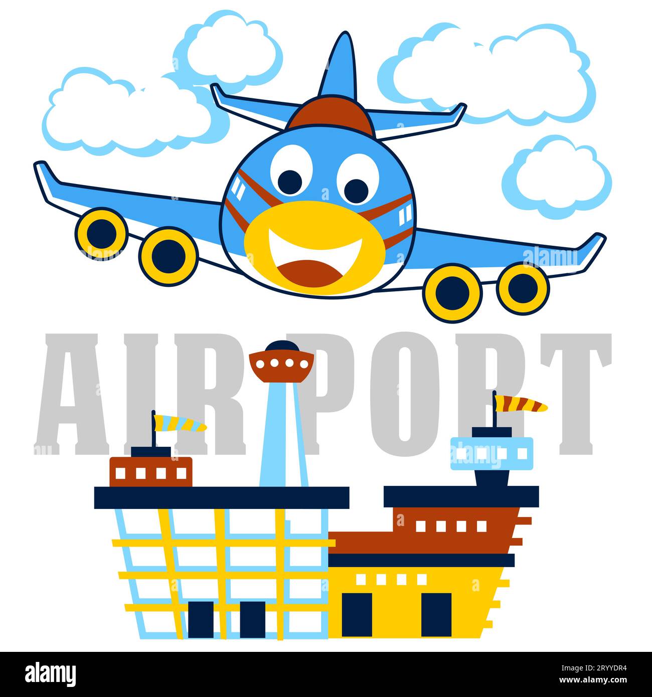 Funny airplane landing in airport, vector cartoon illustration Stock ...
