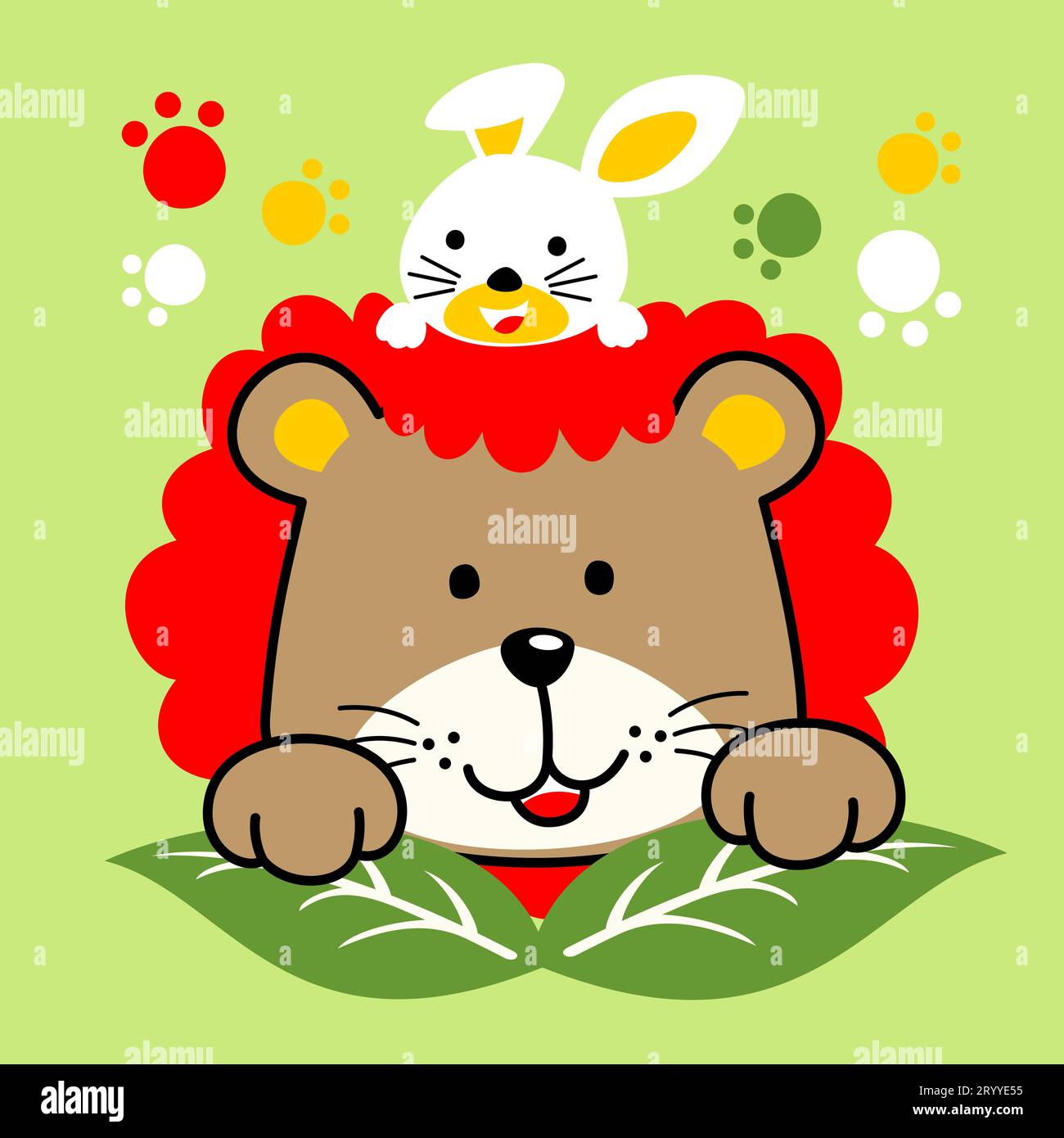 Cute lion with a bunny in peekaboo game, vector cartoon illustration ...
