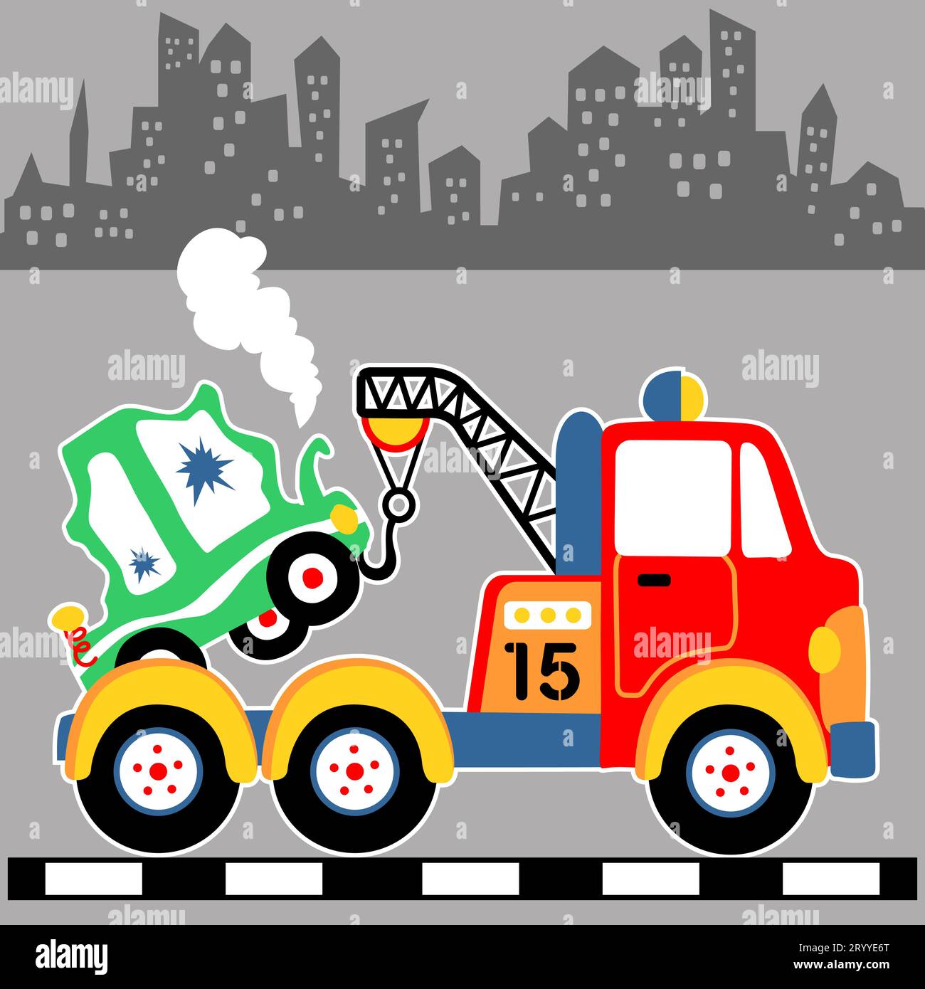 Truck tow a wrecked car on buildings background, vector cartoon ...