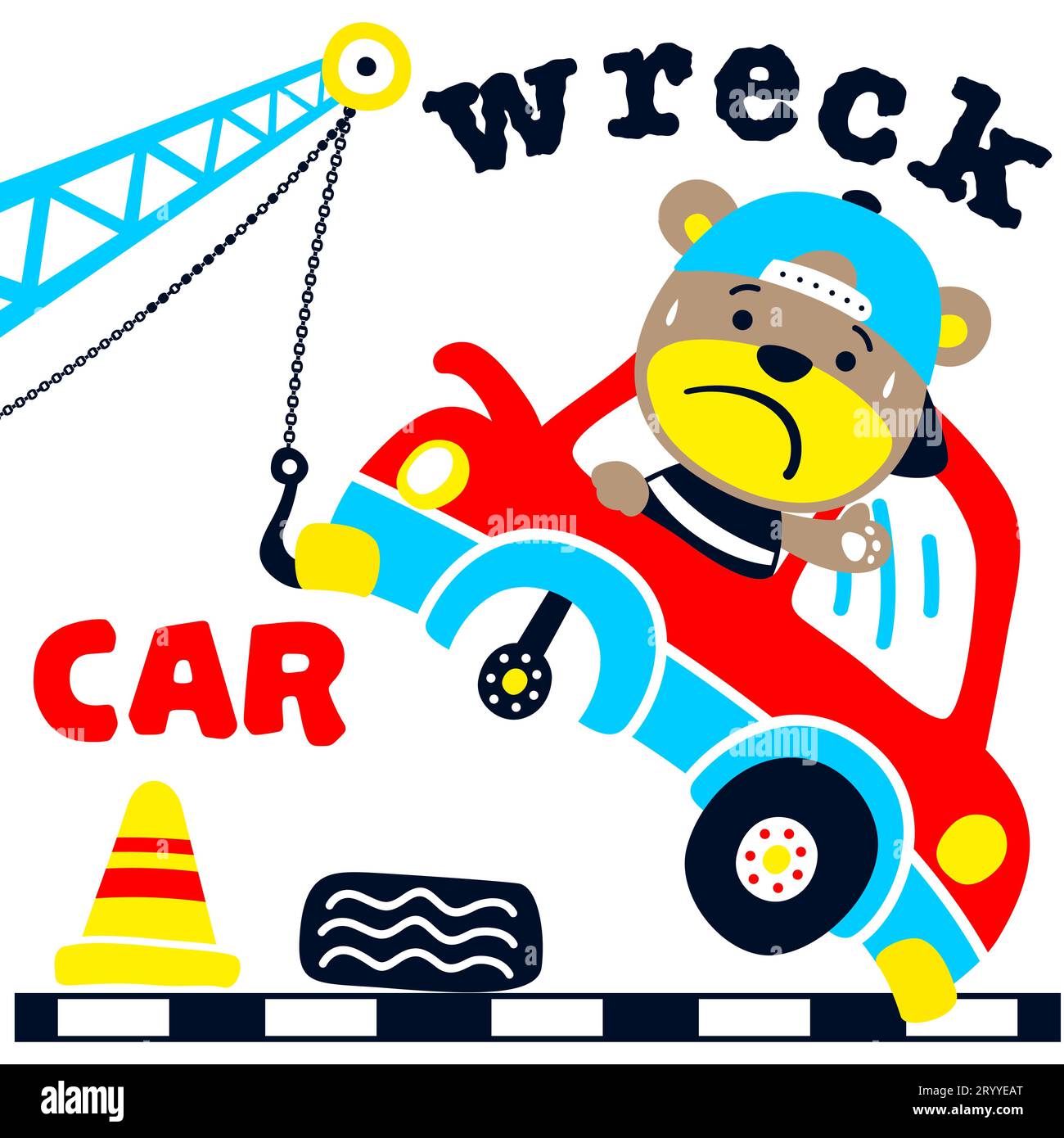 Bear on car towed because of an accident on the road, vector cartoon ...