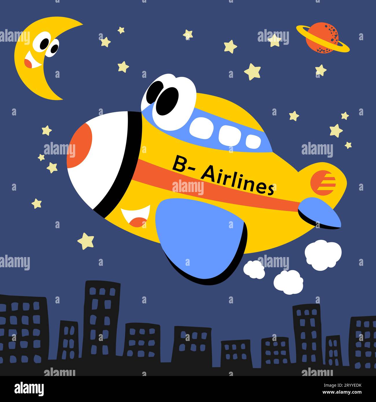 Funny airplane flying across buildings at night, vector cartoon ...