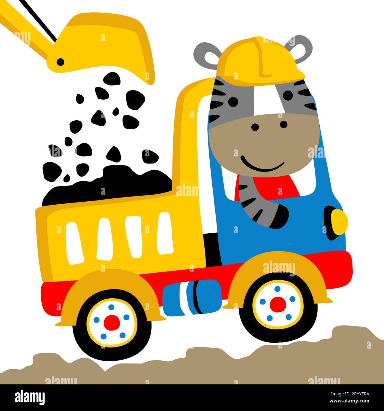Cute zebra driving dump truck, backhoe loading coal, vector cartoon ...