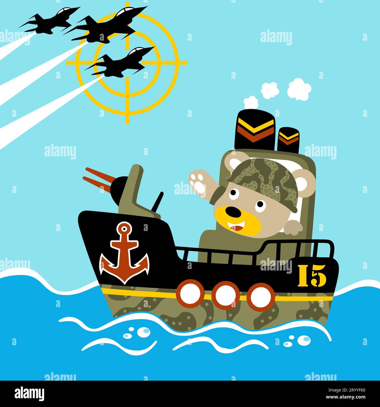Funny bear on warship in the ocean, three fighter jet flying, vector ...
