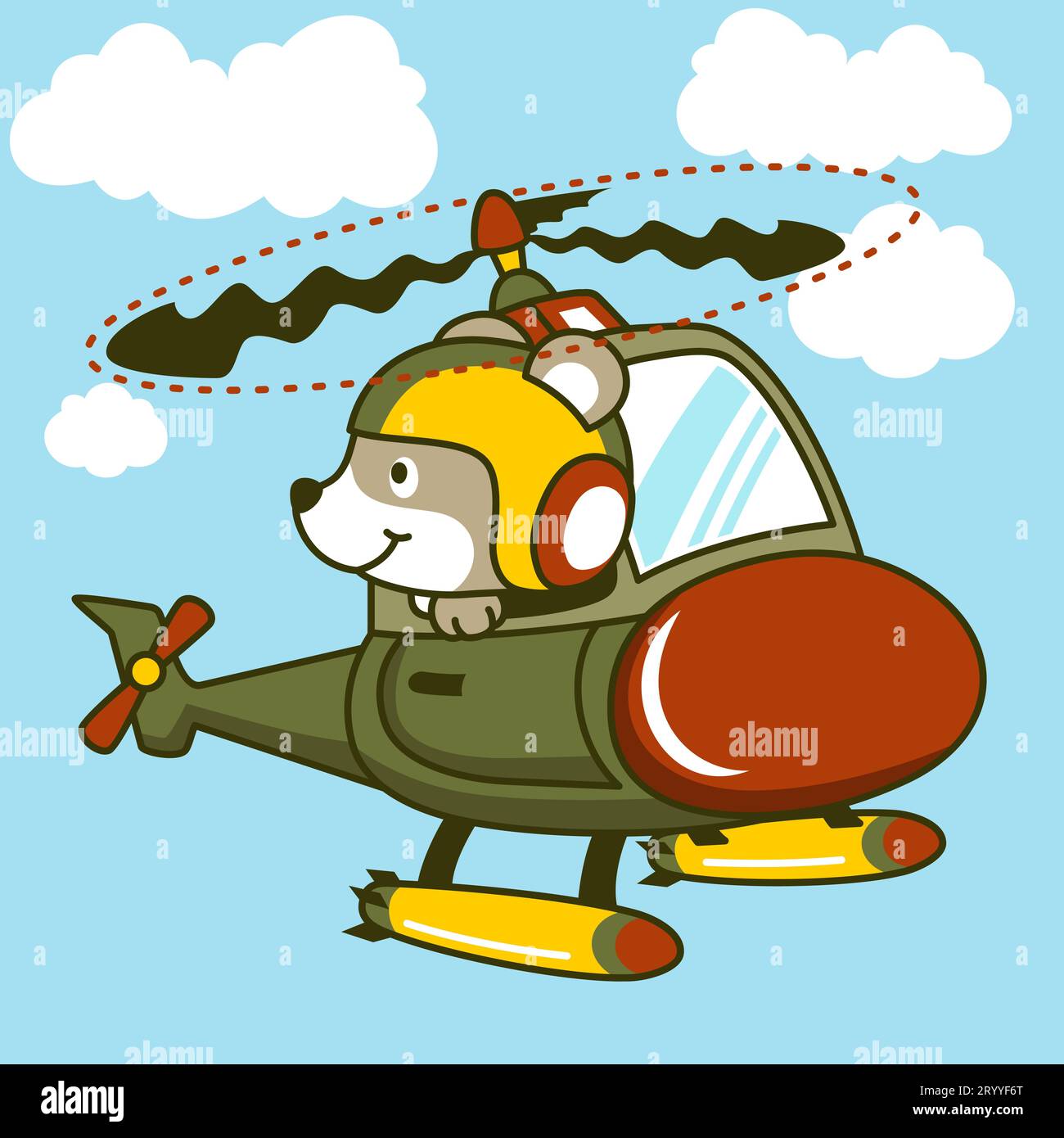 military helicopter with cute bear pilot, vector cartoon illustration ...