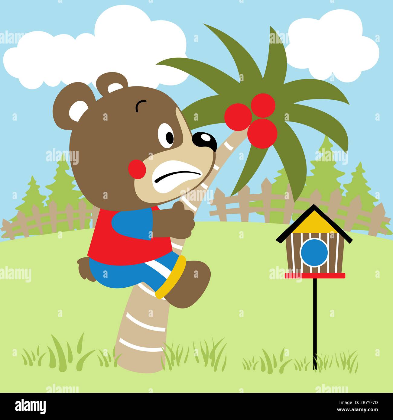Cute bear climbing palm tree in garden, vector cartoon illustration ...
