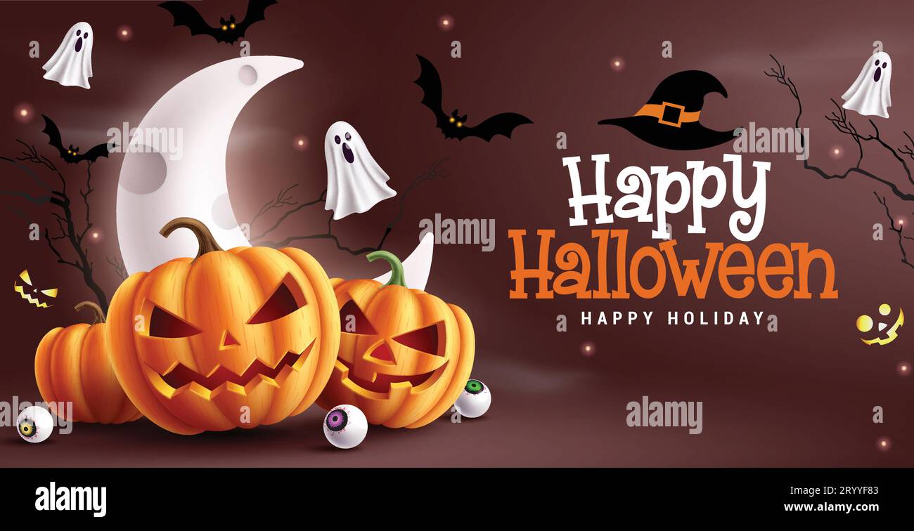Happy halloween text vector design. Halloween pumpkins character and ghost elements in creepy ...