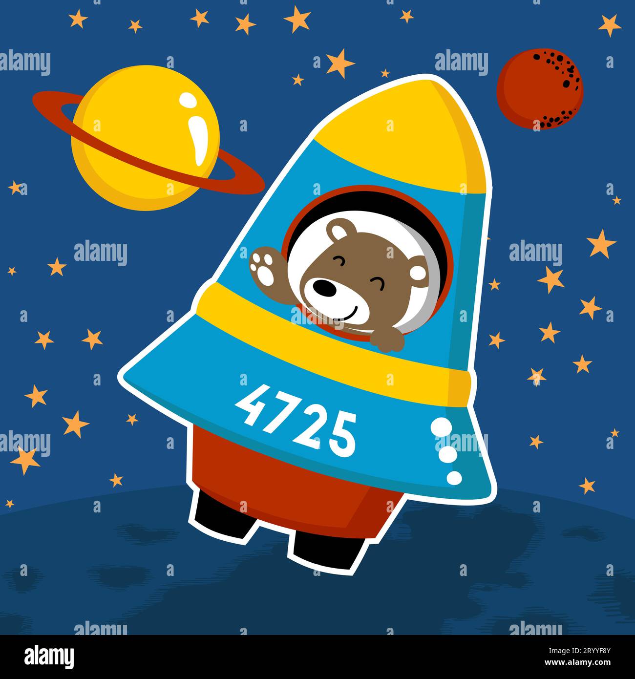 Cute bear on rocket with space planets, vector cartoon illustration ...