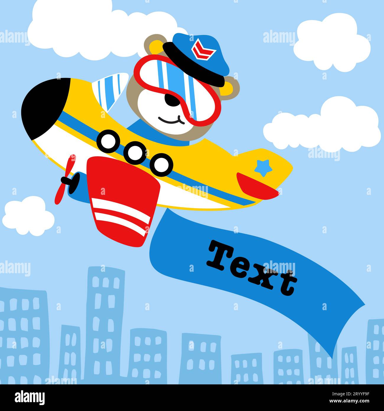 Cute bear with flying goggles on airplane, sun behind clouds, vector ...