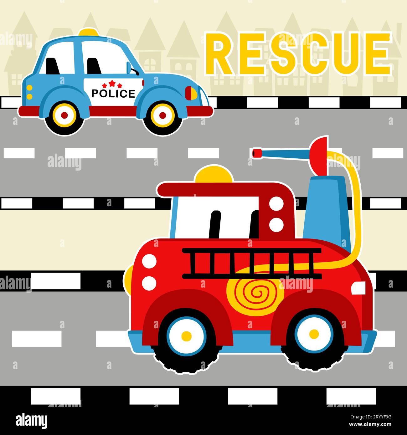 Rescue vehicle team in city road, vector cartoon illustration Stock ...