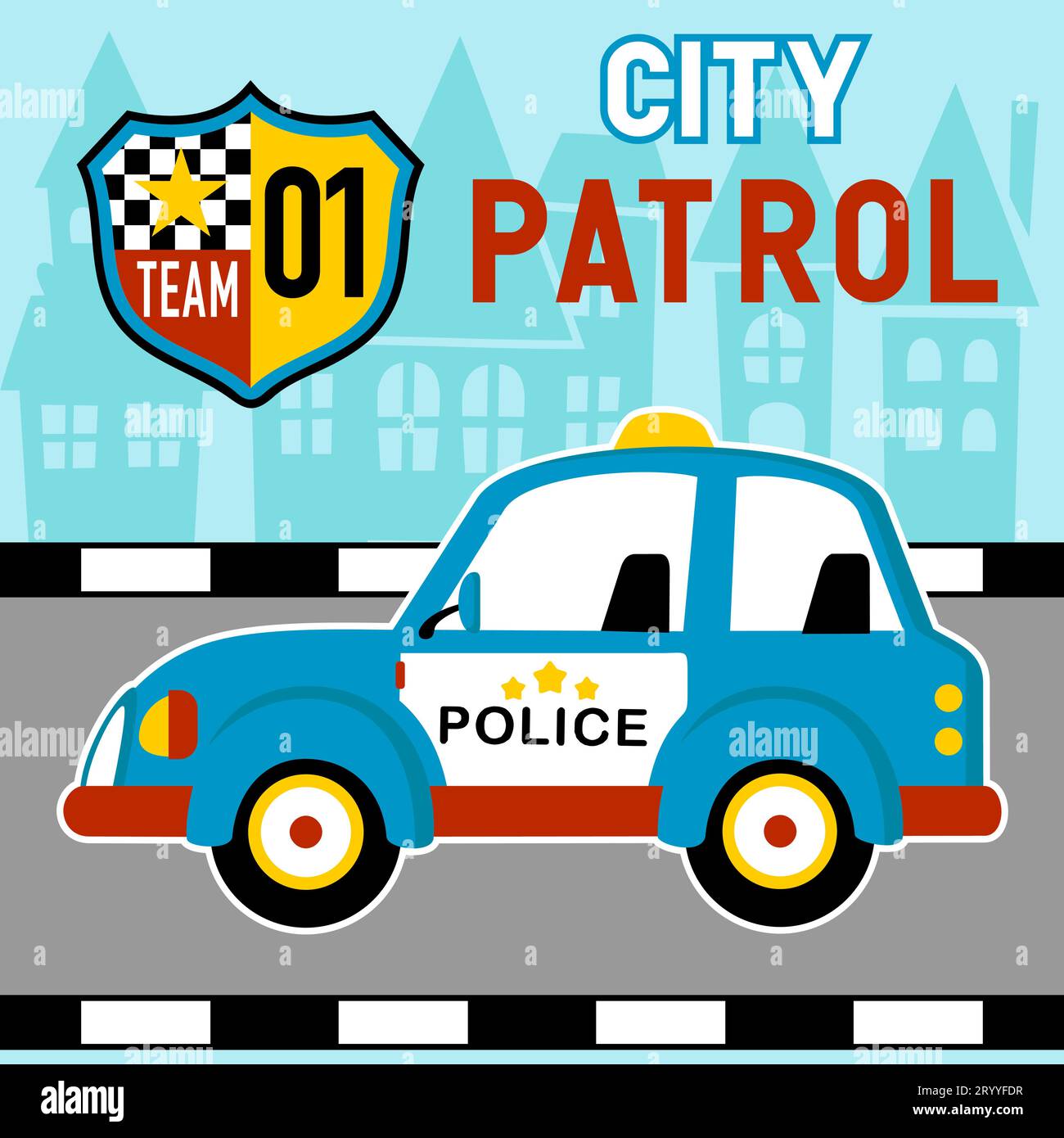 police car in city road on buildings background, vector cartoon ...