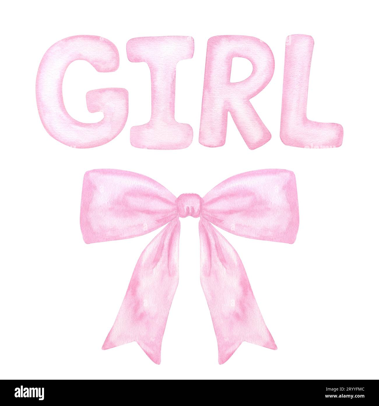 Pink bow ribbon, word girl. For daughter. Hand drawn watercolor ...