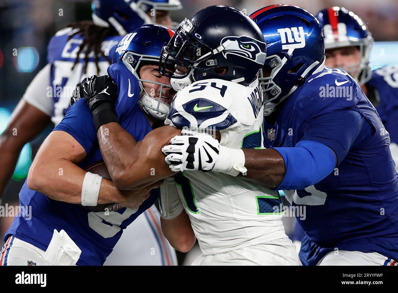 New York Giants quarterback Daniel Jones (8) is sacked by Seattle ...