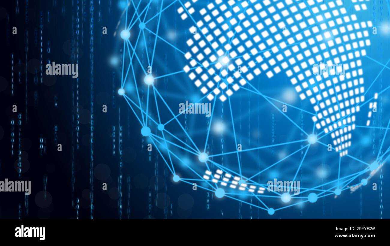 Blue technology circle and computer science abstract background with blue and binary code matrix ...