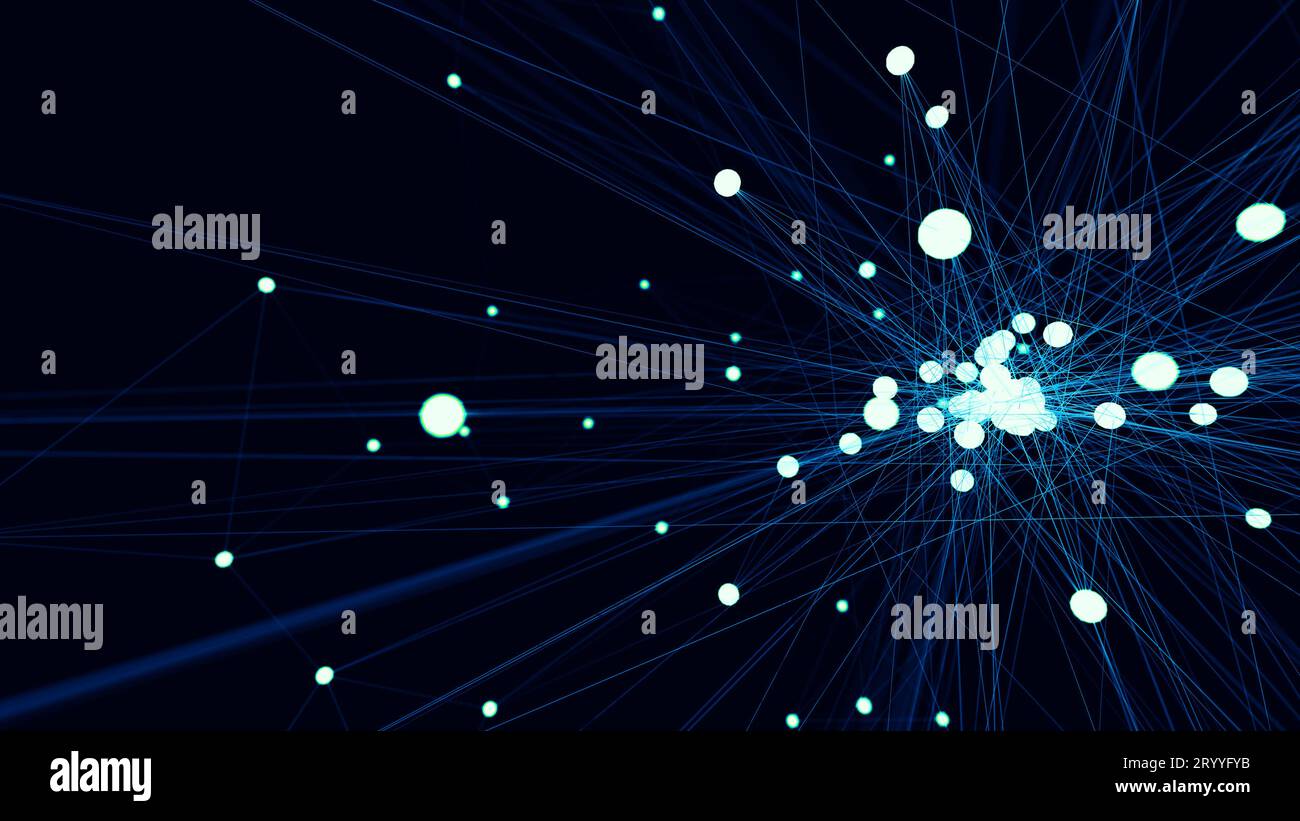 Abstract blue futuristic technology network node. Cable data line transmission links and ...